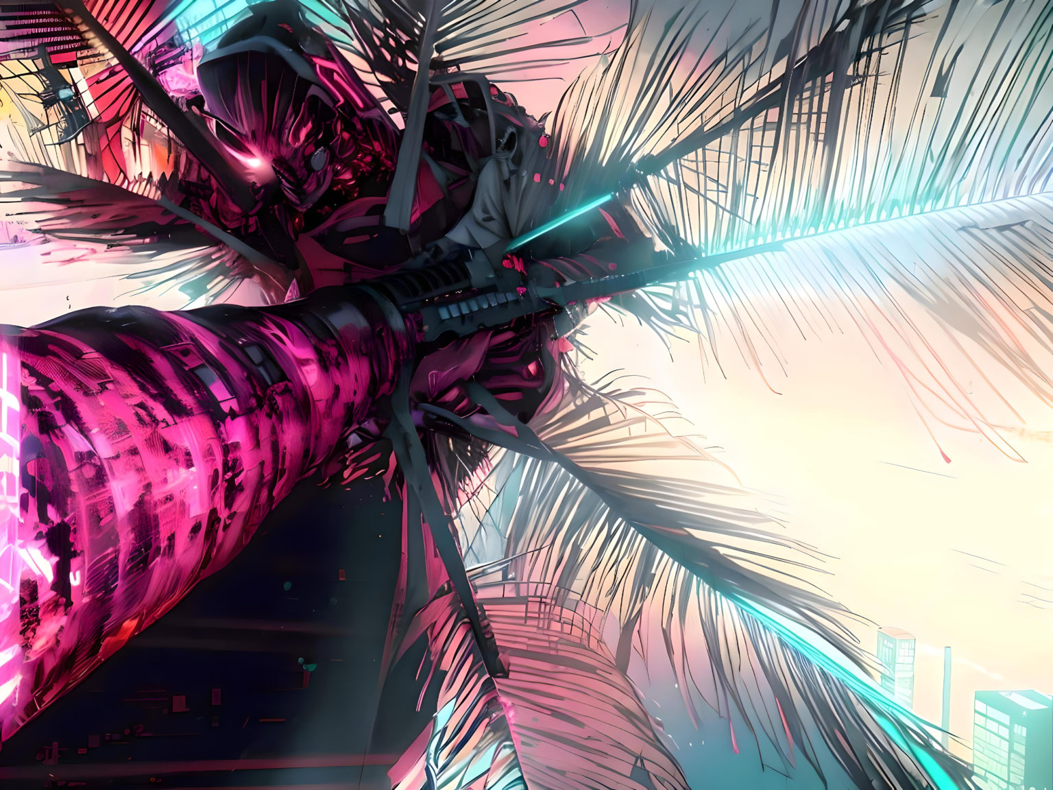 Man looking at the city from the side of a cyberpunk palm tree ...